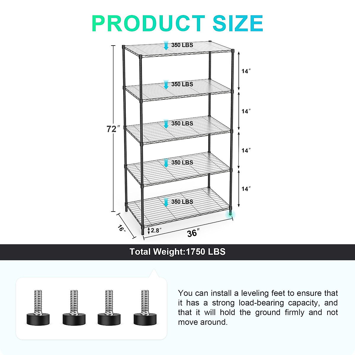 Dolonm 5-Tier Storage Shelves Wire Shelving Unit, 1750 LBS NSF Height Adjustable Shelves Organizer, 16" L x 36" W x 72" H, Heavy Duty Metal Garage Shelving for Restaurant, Kitchen, Laundry, Black