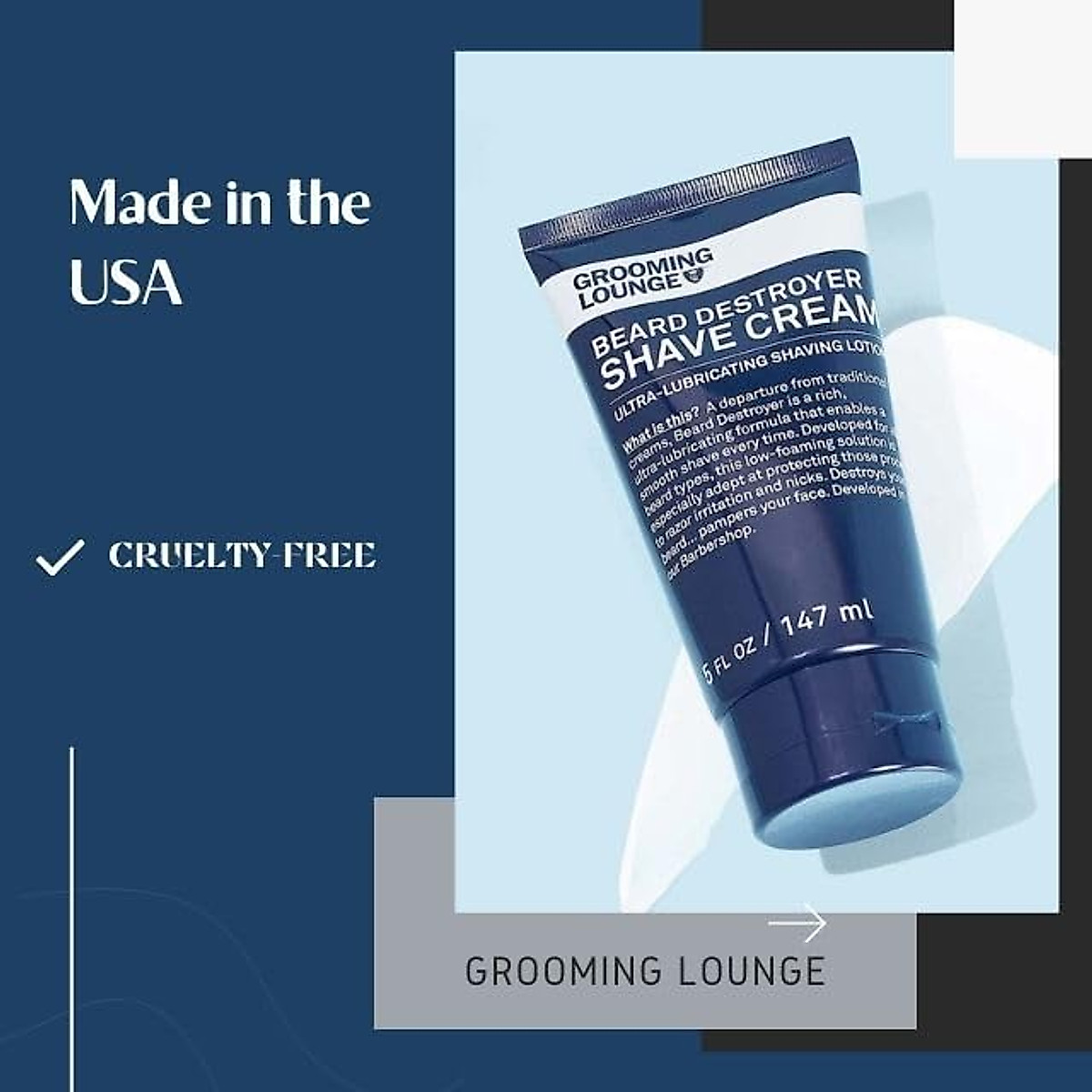 Grooming Lounge Beard Destroyer Shave Cream for Men - Bump, Irritation & Razor Burn Free Shaving Cream Sensitive Skin, Men Beard Care - Soft, Smooth, Easy Glide Low Shaving Foam Lather Formula - 5 Oz