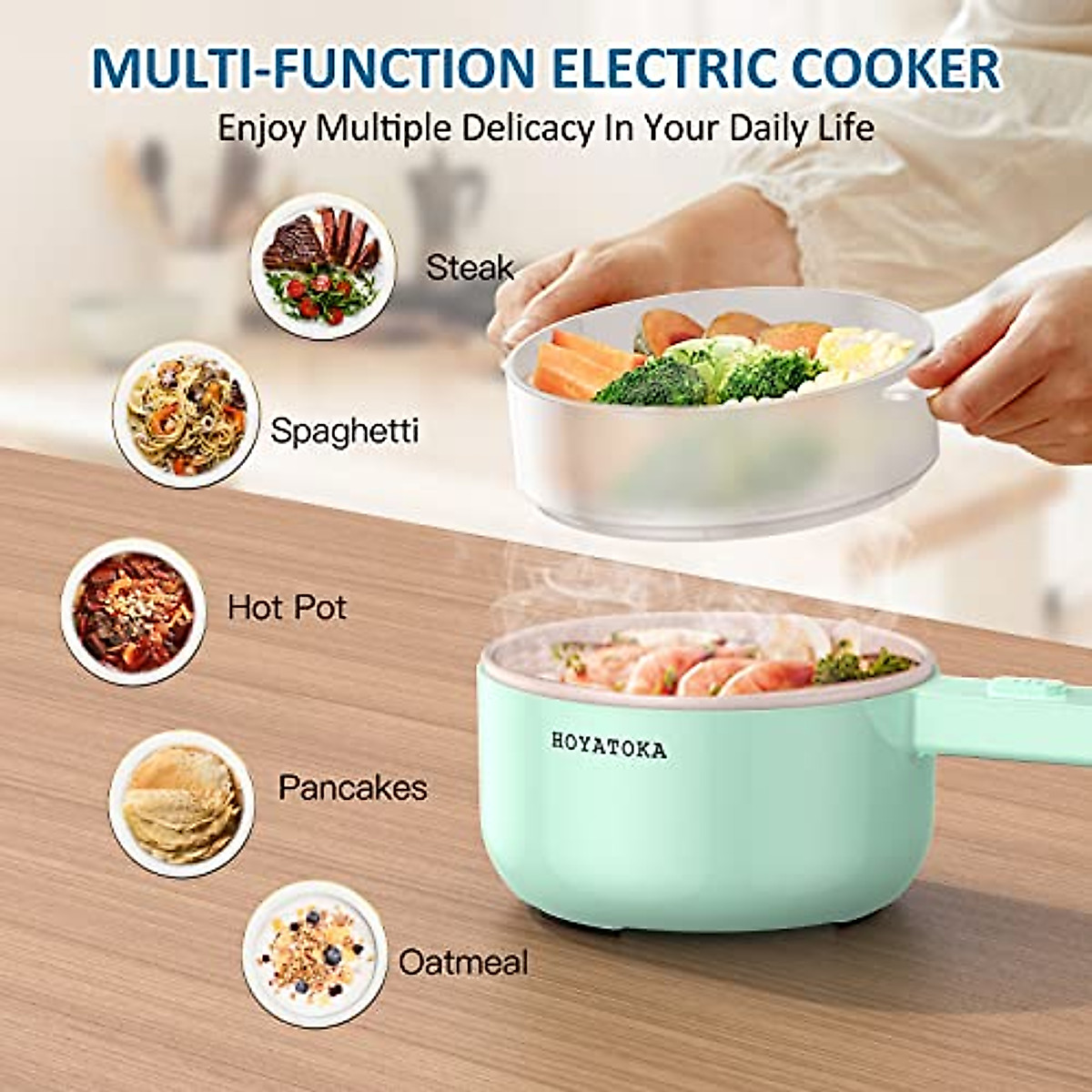 Hoyatoka Electric Hot Pot, 1.5L Portable Non-Stick Electric Cooker with Steamer, Multifunction Electric Pot for Stir Fry, Roast, Egg, Ramen Cooker with Dual Power Control for Dorm and Office, Green
