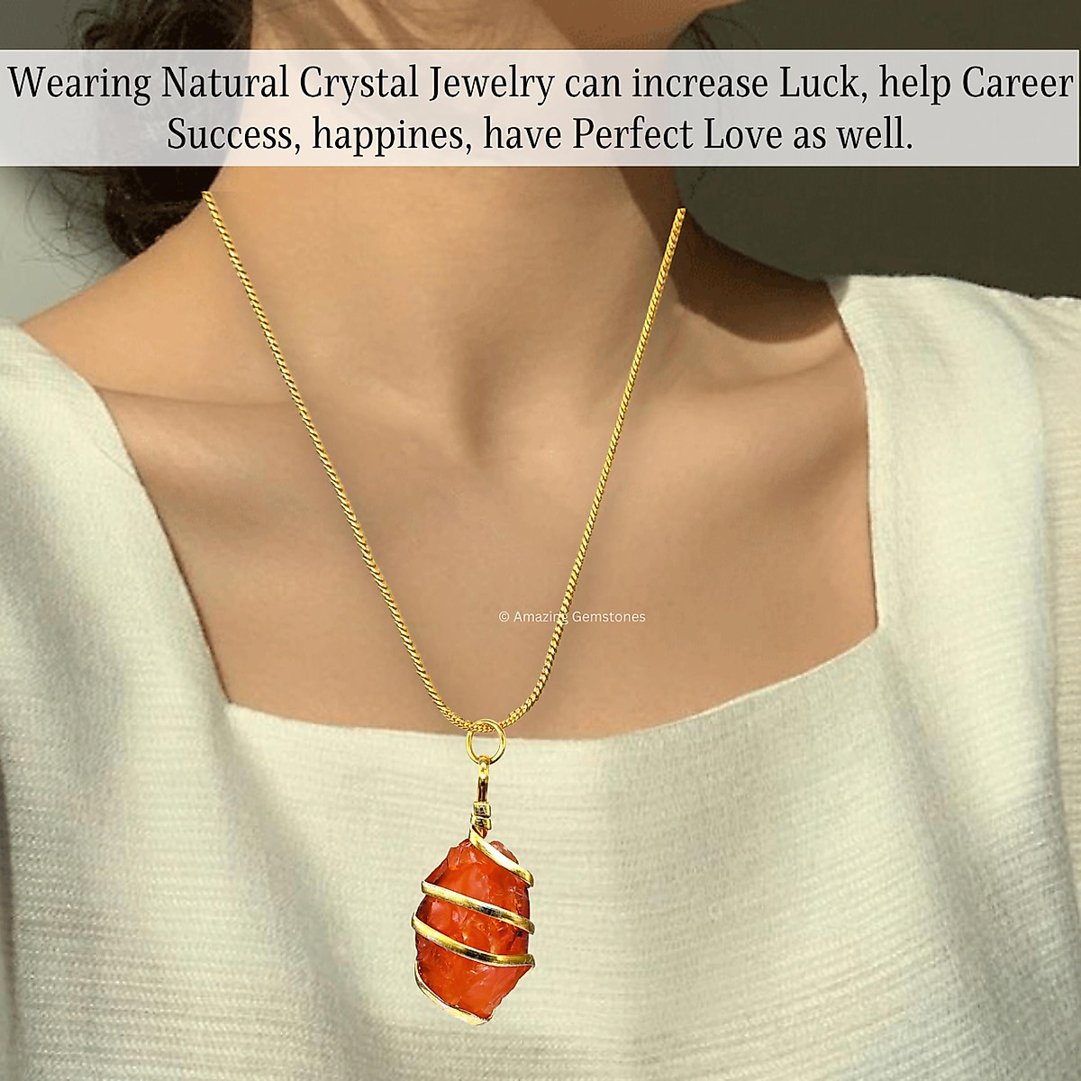 Carnelian Crystal Necklace with Gold Spiral Carnelian Raw Stone - Carnelian Pendant Women Wire Wrapped Pencil Jewelry with Adjustable Gold Chain and Premium Velvet Pouch (Extra Free Boho Necklace)