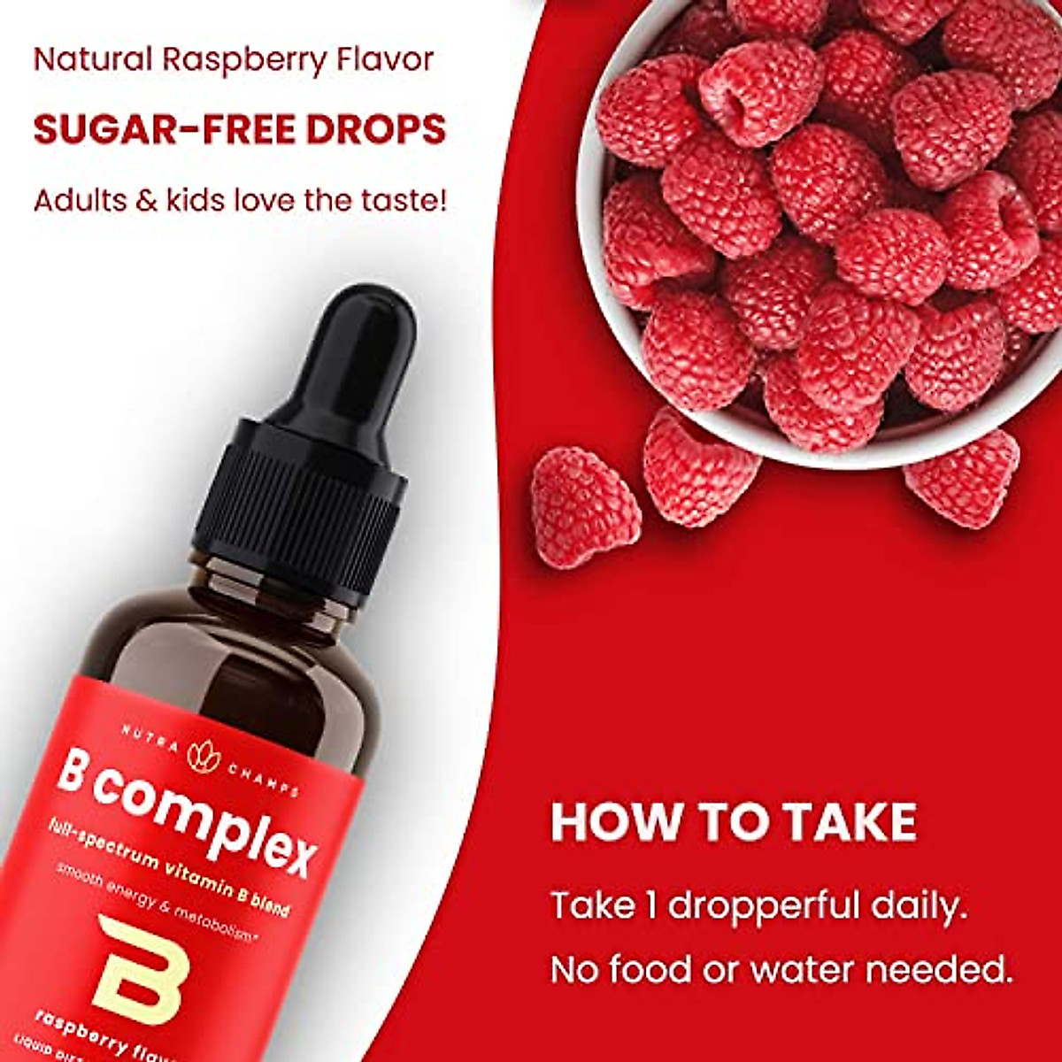 NutraChamps Vitamin B Complex Liquid Drops | B Vitamins Complex Supplement with B1, B2, B3, B6, B7, B9 & Methyl B12 Drops for Adults & Kids | Vegan Berry Flavor 2oz | 60 Servings / 2 Month Supply