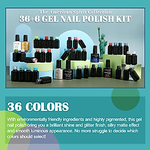 Lavender Violets 42 Pcs Gel Nail Polish Set, Gel Nail Kit with 36 Gel polish Colors Coat, 6 Bottles of Base top Coat, Glossy Matte Diamond Shine Glow in the Dark Top Coat for Nail Art C954