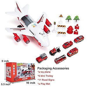 Car Toys Set with Transport Cargo Airplane, Educational Vehicles Fire Fighting Car Set for Kids Toddlers Child Gift for 3 4 5 6 Years Old, Large Play Mat, 6 Trucks Large Plane 11 Road Signs
