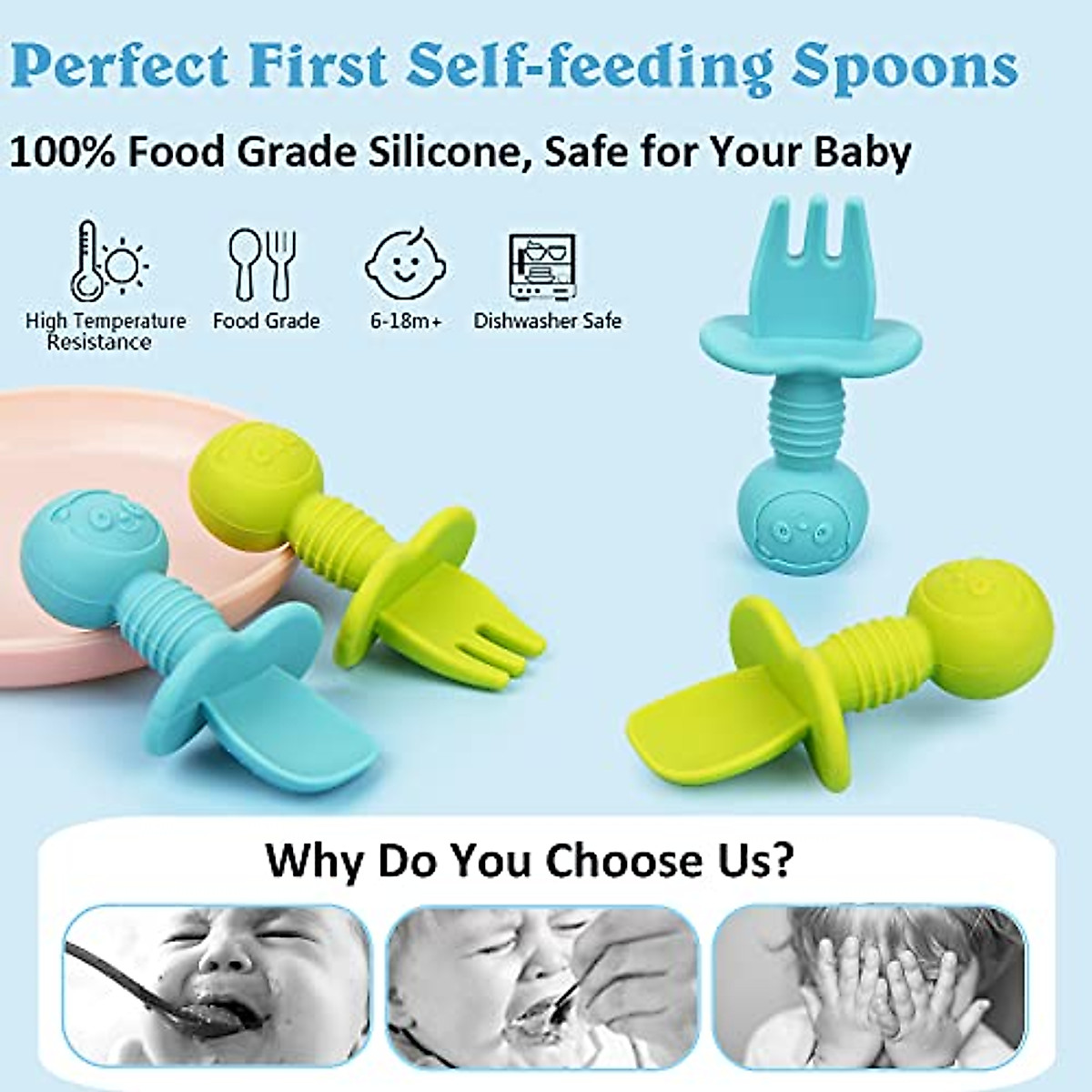 Baby Spoon & Fork - First Stage Toddler Utensils - Baby Led Weaning Spoon - 100% Food Grade Soft Silicone Anti-Choke, Best Self Feeding for Ages 6 Months+