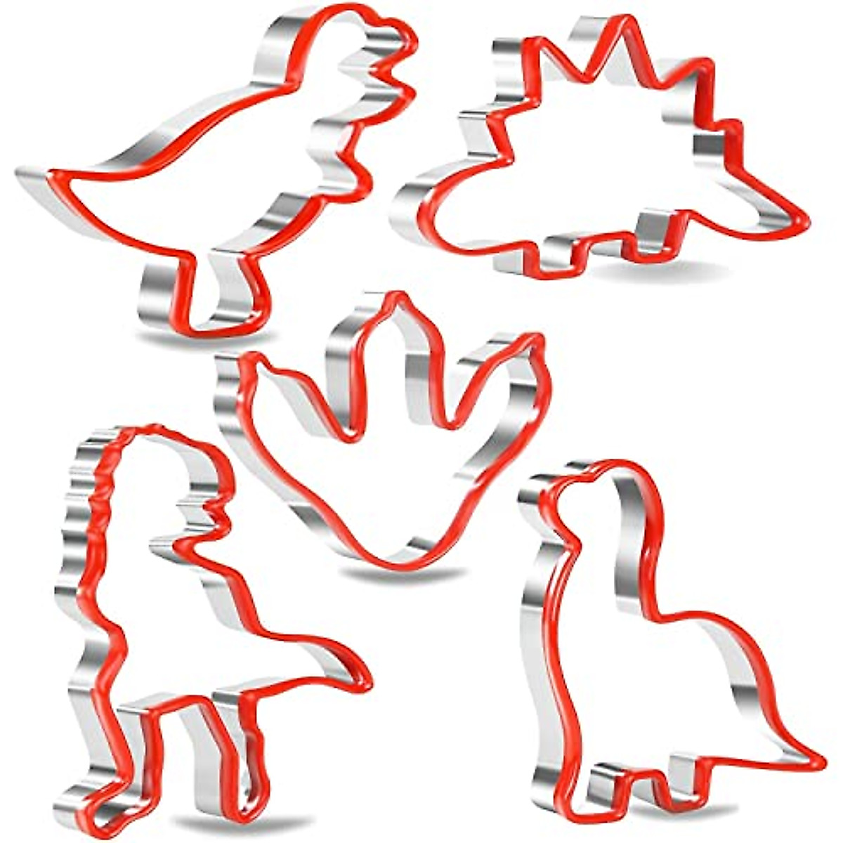 KAISHANE Dinosaur Cookie Cutters Set, 5 PCS Dinosaur Biscut Cutters Set Stainless Steel with Soft PVC Edge for Baking Fondant Cake Molds