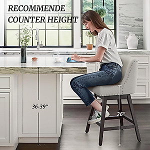 Cozyman 26 Inch Bar Stools Set of 3, Light Gray Swivel Counter Stools with Back, Linen Fabric Upholstered Barstools, Solid Wood Legs with Footrest, Modern Bar Stool for Kitchen Island, Pub