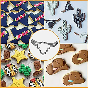 Aoerfes Western Cookie Cutters 6 Piece Texas Cutter Set, Cowboy Hat,Longhorn, Cowboy Boot,Cactus, Round Shaped Stainless Steel Molds for Party Making Muffins, Cake Fondant Biscuits,Sandwiches