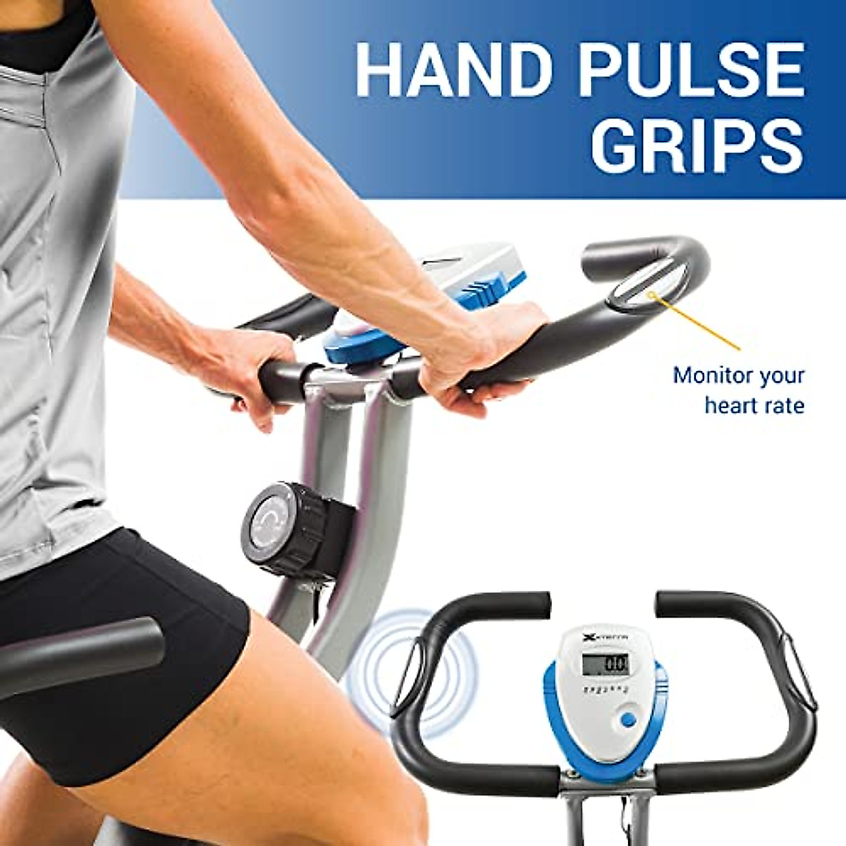 XTERRA Fitness Folding Exercise Bike, 225 LB Weight Capacity, Cordless, Battery Powered with Solid X-Frame Folding Design, Padded Seat and Handlebars, Adjustable Foot Straps, 8 Levels of Resistance