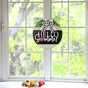 Jetec Hello Summer Sign Wood Door Hanger Rustic Watermelon Plaque Porch Decor Wooden Round Hello Summer Sign with Burlap Bow Wreaths for Summer Home Farmhouse Porch Garden Yard Decoration