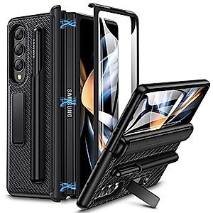 Caka Case Compatible for Z Fold 4 Case, Galaxy Z Fold 4 Case with S Pen Holder Glass Screen Protector Kickstand Magnetic Hinge Protection Phone Case for Samsung Z Fold 4 5G 2022, Carbon Fiber Black