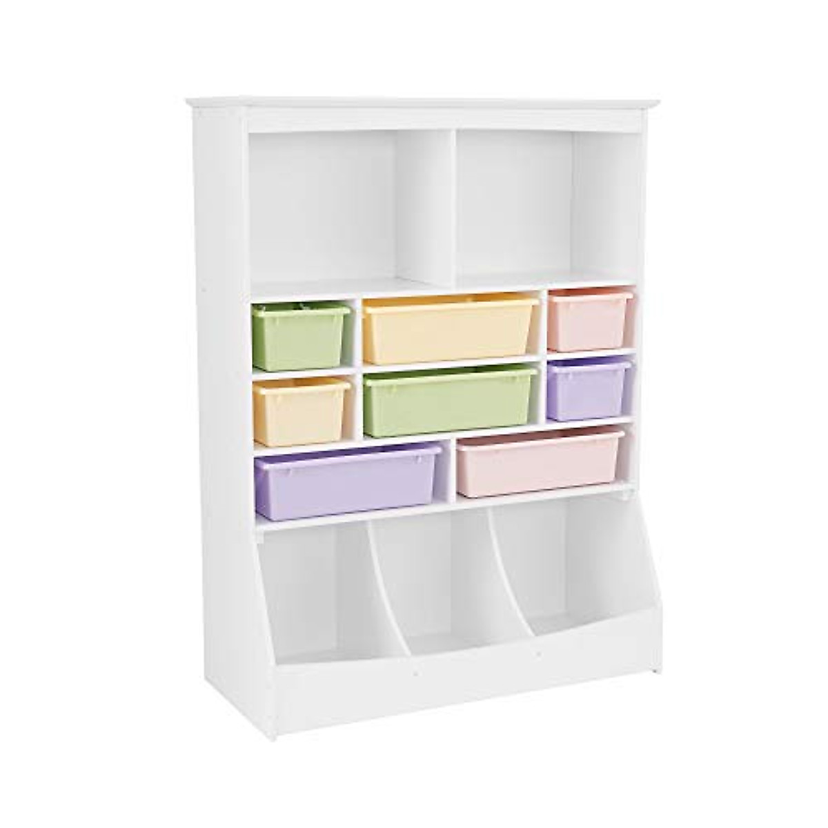 KidKraft Wooden Wall Storage Unit with 8 Plastic Bins and 13 Compartments - White, Gift for Ages 3+ and Nantucket Kid's Wooden Table & 4 Chairs Set with Wainscoting Detail, Pastel, Gift for Ages 3-8