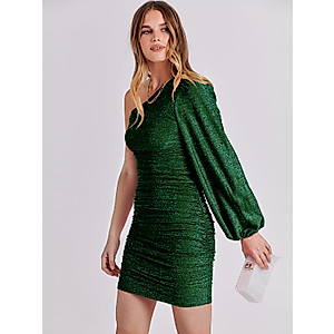 ANRABESS Women's One Shoulder Cocktail Short Dress Glitter Sexy Ruched Bodycon Party Prom Formal Mini Dress for Date Club Nights 963molv-L Green