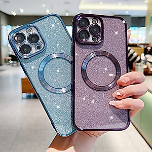 Eiyikof iPhone 12 Pro Max Magnetic Case, Luxury Glitter Bling Clear TPU Cover with Camera Lens Protector - Purple
