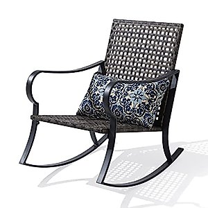 Mutaomay Outdoor Rocking Chair with Pillow Cushion, Weather Resistant Metal Steel Frame Rattan Porch Rocker Chairs, Oversized Patio Rocking Chair Furniture for Garden, Backyard 350 lbs Load Capacity