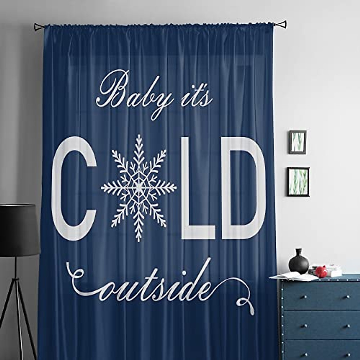 Sheer Curtains Light Filtering Window Curtains 45 inch Length, Christmas Semi Sheer Curtain Panel Voile Drapes for Kitchen/Bedroom/Living Room/Sliding Door 52"x45" Cold Winter Snowflakes Blue Backdrop