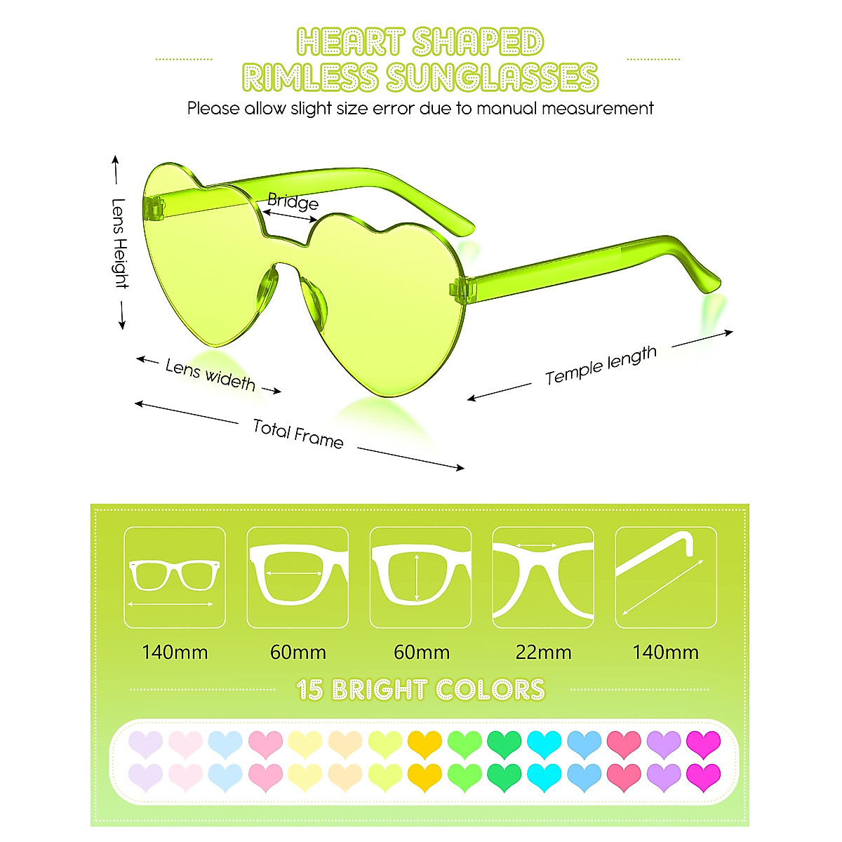 Colzzy 30 Pcs Heart Shaped Rimless Sunglasses Transparent Colorful Frameless Glasses Eyewear Bachelorette Party (Vivid Colors)
