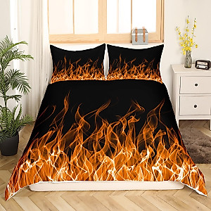 Feelyou Flame Duvet Cover Set Kawaii Decor Bedding Set for Kids Boys Women Orange Flame Comforter Cover Set Chic Quilt Cover with 2 Pillowcases 3Pcs Bedding King