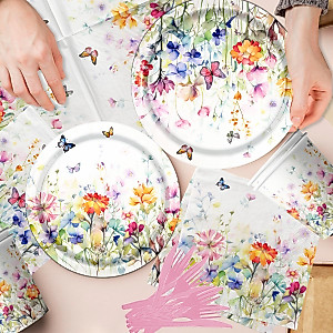 Wildflower Baby Shower Decorations,142Pcs Wildflower Baby in Bloom Plates and Napkins,Tablecloth,Cup Butterfly Floral Theme Table Decorations for Bridal Shower Birthday Party
