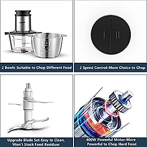 joyami Meat Grinder Electric Food Processor 2L Food Chopper with 4 Sharp Blades, Stainless Steel Bowl and Glass Bowl, 400W