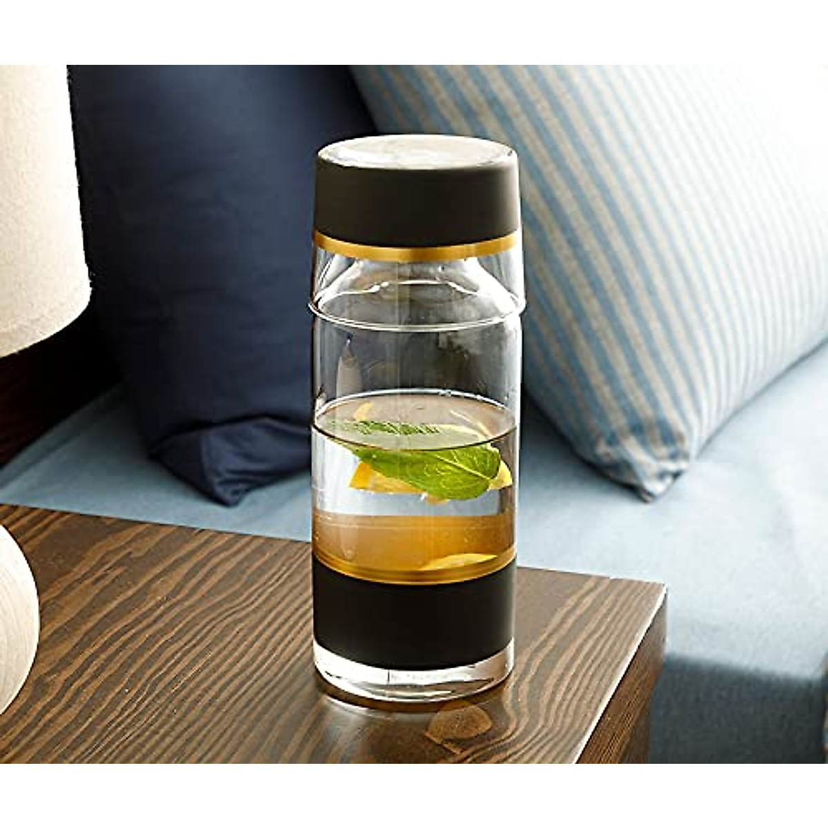 CEVVIZZ Bedside Water Carafe With Glass Set -Cup and Bottle to Keep Next To Your Bed for a Handy Midnight Drink - Glass Carafe 24 oz/Cup 7.5 oz - Beautiful Gift Box (GOLD ELEGANCE)