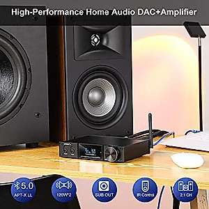 AIYIMA D05 Bluetooth 5.0 Power Amplifier 120Wx2 Stereo HiFi 2.1 CH Digital Sound Amplificador 24Bit/192kHz Class D Amp USB DAC Coaxial Optical OLED AptX, Support Subwoofer & with Remote (D05)