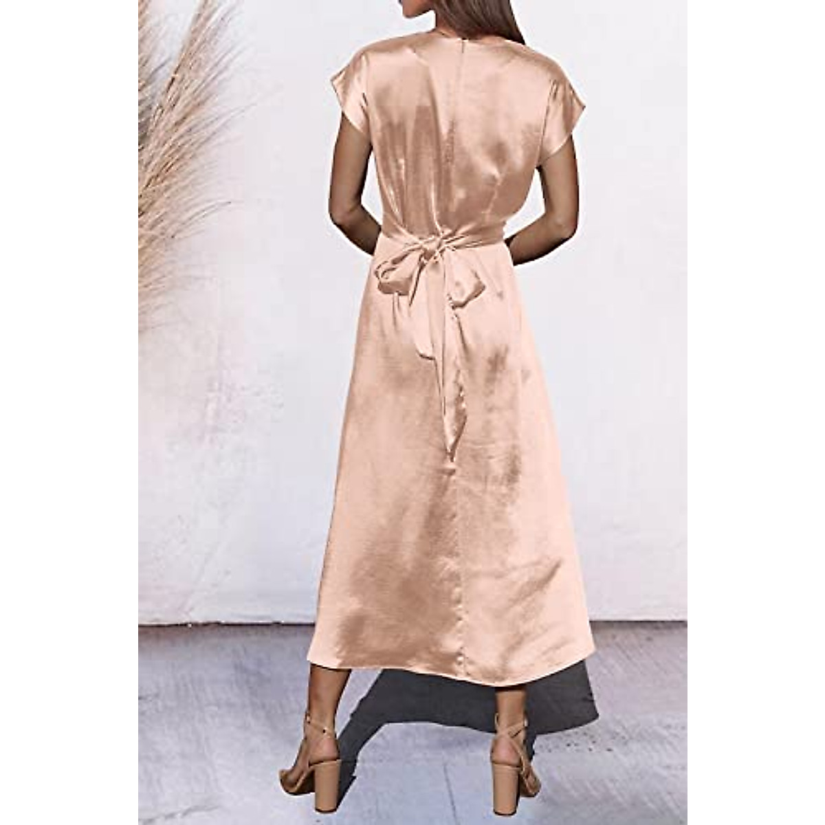 PRETTYGARDEN Women's 2023 Summer Satin Midi Dress Cap Sleeve Tie Waist Elegant A-Line Flowy Dresses (Champagne,Small)
