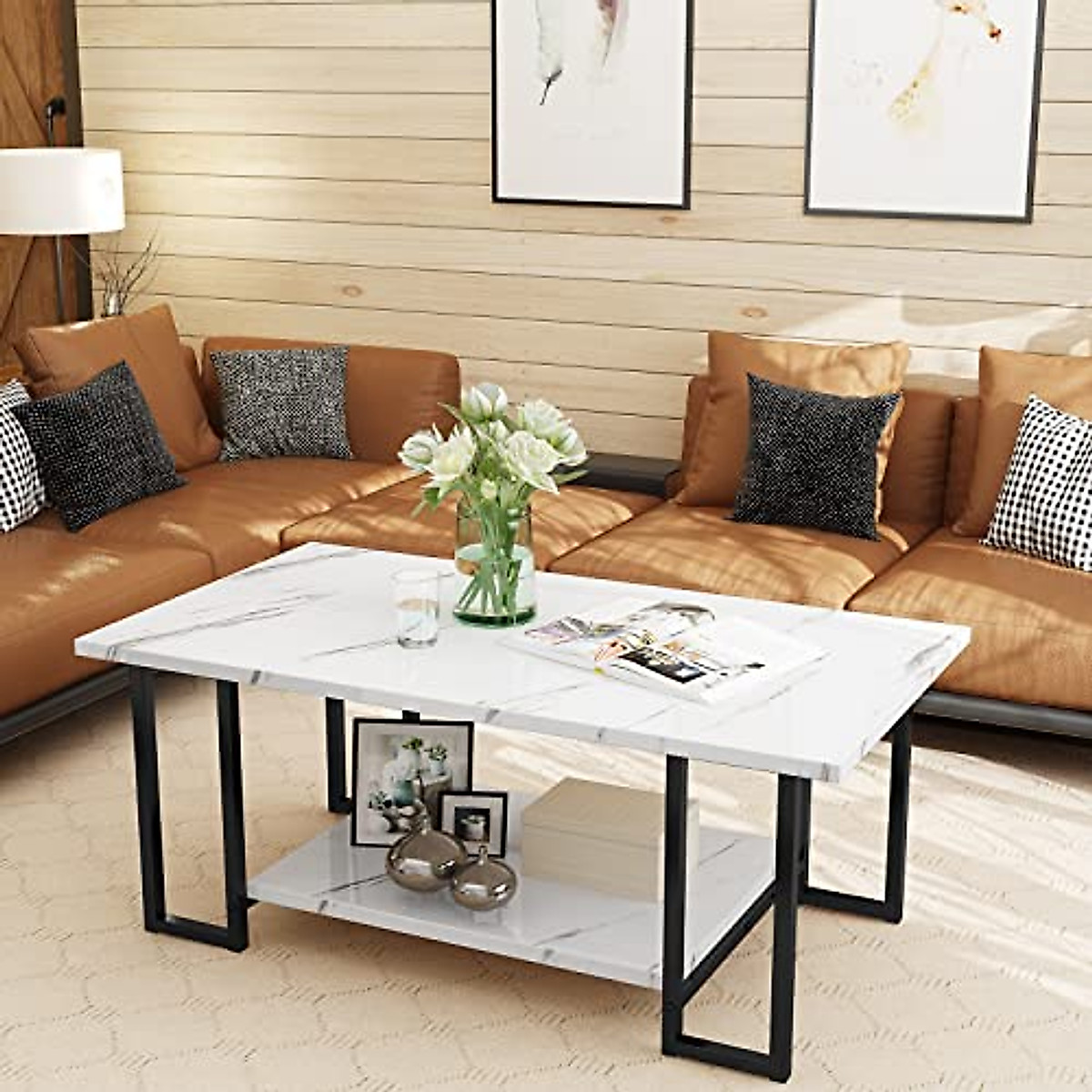 AWQM Marble Coffee Table, Faux Marble Top Rectangular Coffee Table with Black Metal Frame, 2 Tier Living Room Table for Living Room, Office, Balcony, White, 40 Inch
