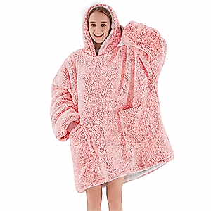 greenoak Blanket Hoodie Oversized Sherpa Wearable Blanket Sweatshirt, Ultra Soft Fuzzy Fleece Hooded Blanket, Plush Cozy Warm Reversible Sherpa Hoodie Blanket for Women Men Adult Teen (Large, Pink)