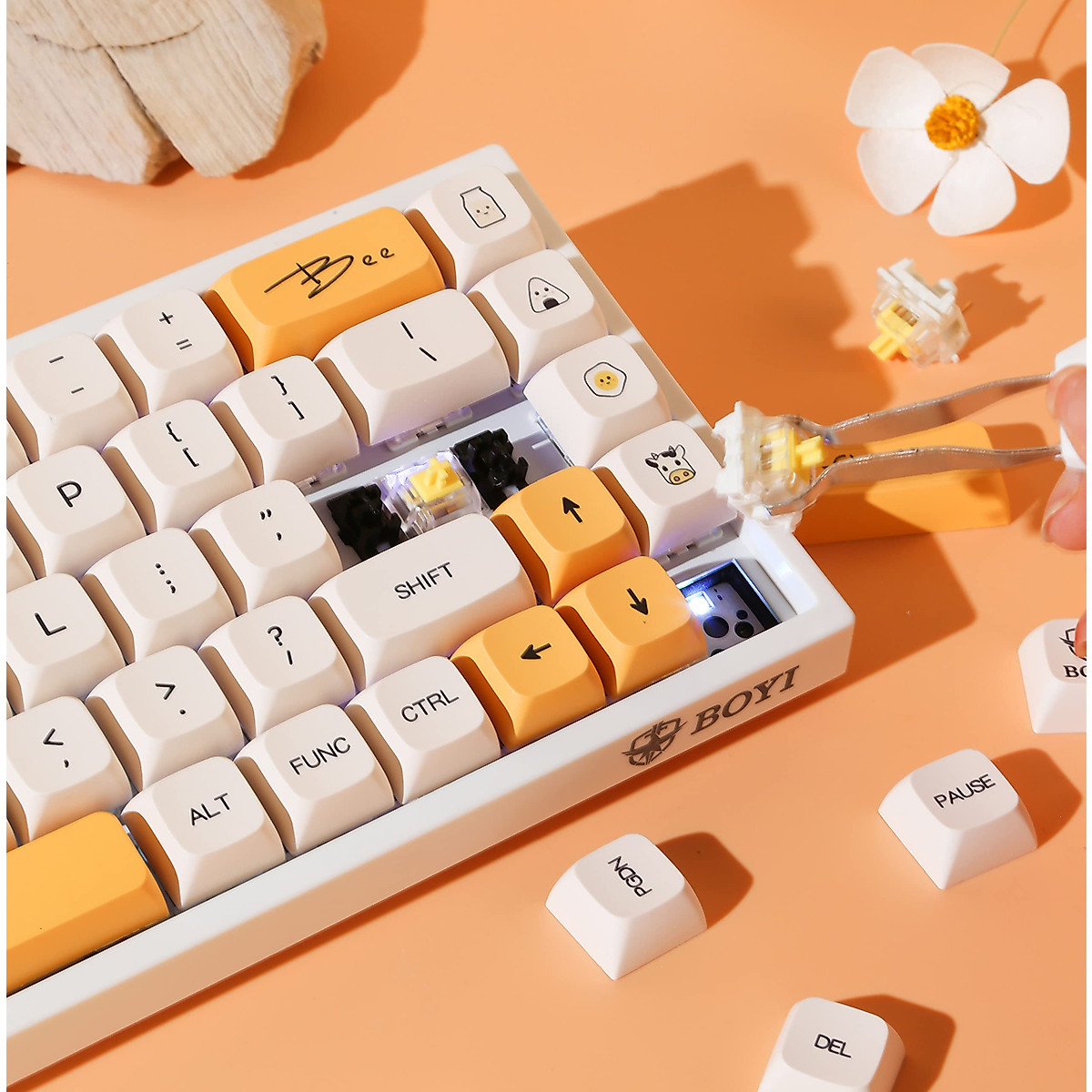 BOYI WK68 Wireless Mechanical Keyboard,65% Hot Swap BT5.0/2.4G/Wired Type-C Tri-Mode RGB Gaming Keyboard,PBT Sublimation XDA Keycaps Keyboard for Mac/Win(Honey Milk Color,Gateron Yellow Switch)