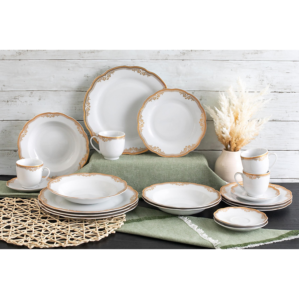 Royalty Porcelain 20 pc Dinnerware Set with Gold Floral Ornament, Bone China, gold, white