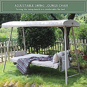 HomSof Outdoor Patio 3seater Metal Swing Chair Swing Bed with Cushion and Adjustable Canopy Champagne Color