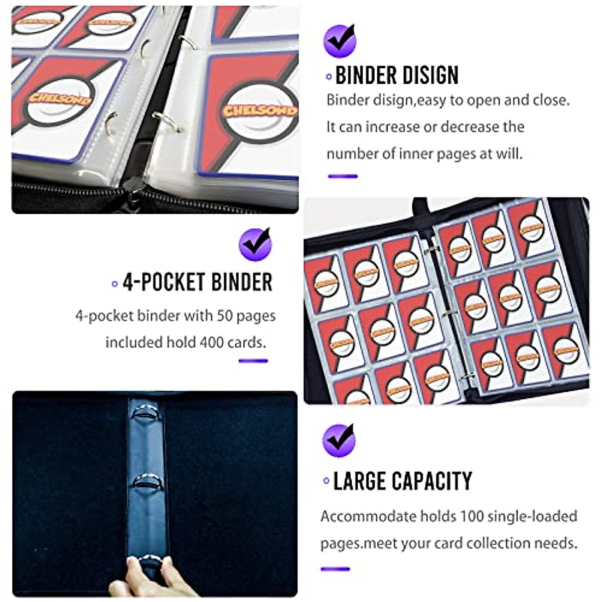 Card Binder for Cards, 9-Pocket Portable Card Collector Album Holder Book Fits 720 Cards with 40 Removable Sleeves, Trading Card Binder Display Storage Carrying Case for TCG - Purple