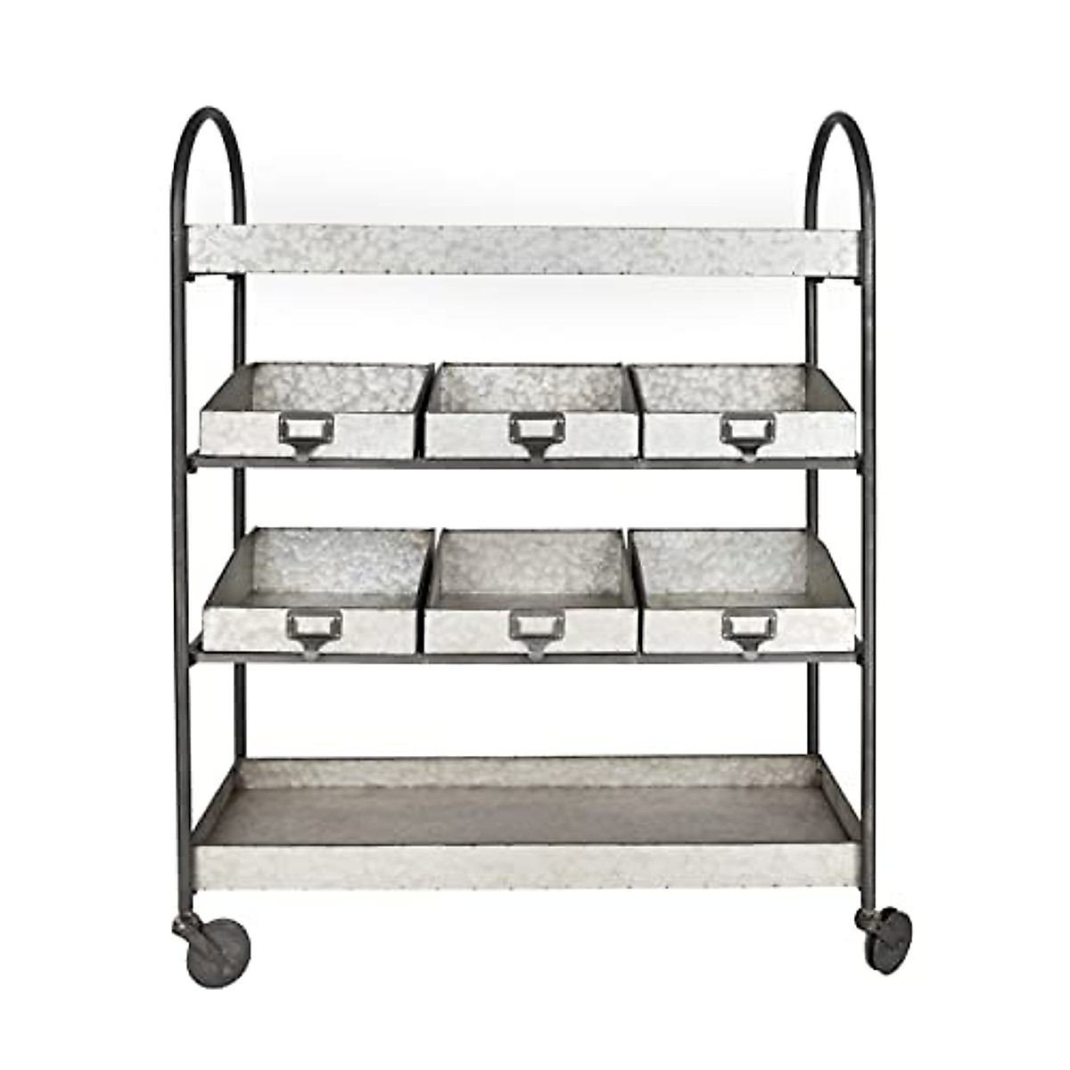 Creative Co-Op Metal 4 Tier Cart on Casters with 2 Open Shelves & 6 Bins,Grey