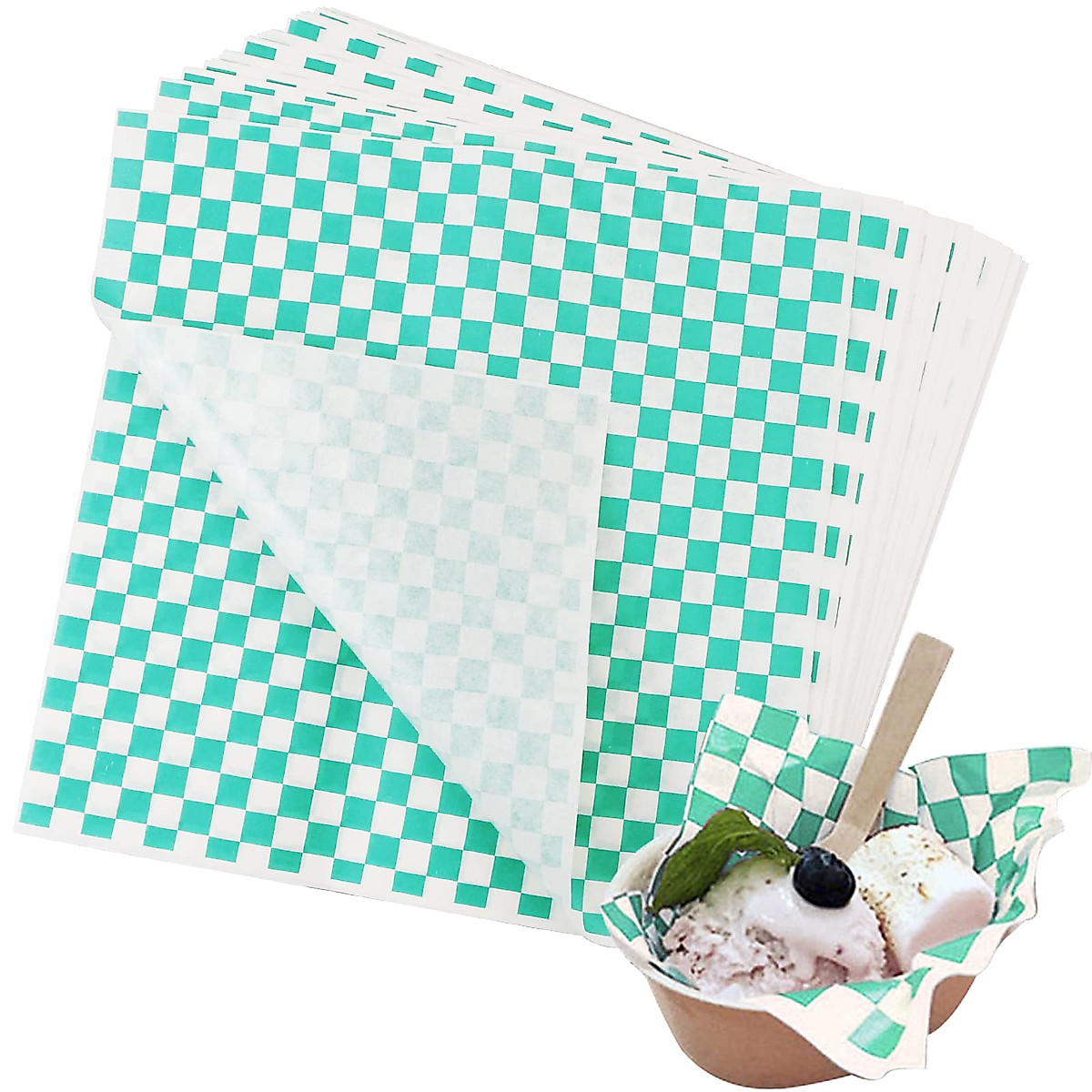 Hslife 100 Sheets Checkered Dry Waxed Deli Paper Sheets, Paper Liners for Plastic Food Basket, Wrapping Bread and Sandwiches (Green)