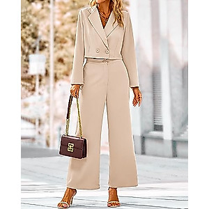 PRETTYGARDEN Women 2 Piece Sets Lapel V Neck Short Blazer Jackets Wide Leg Pant Suits Dressy Work Jumpsuits for Office(Solid Beige,Medium)