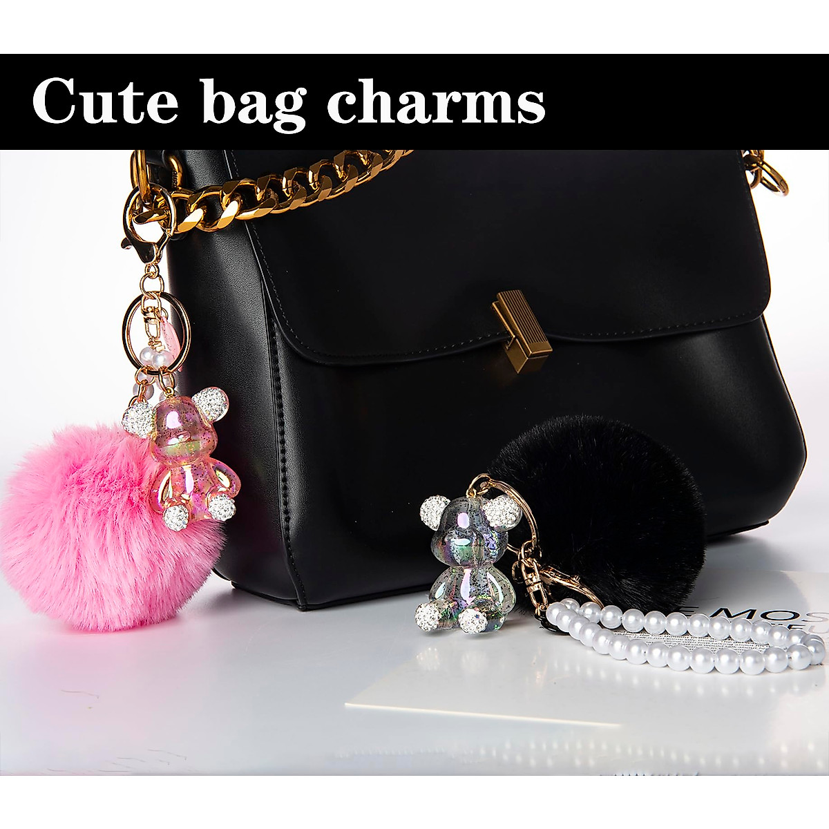 YOU WIZV Teddy Bear Keychain, Cute Bling Keychains for Women and Puff Ball key chains for Car Keys, Backpack, Purse Accessories, Aesthetic Black Pom Pom Keychain