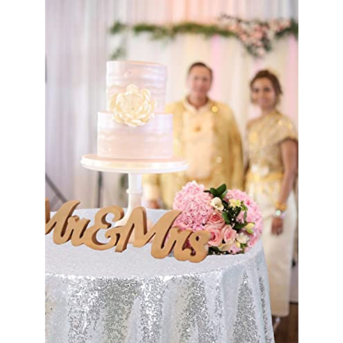 AIXHN Sequin Tablecloth Silver 48" Round Sparkly Elegant Drape Sequin Tablecloth for Wedding Party Cake Dessert Events Christmas Decorations