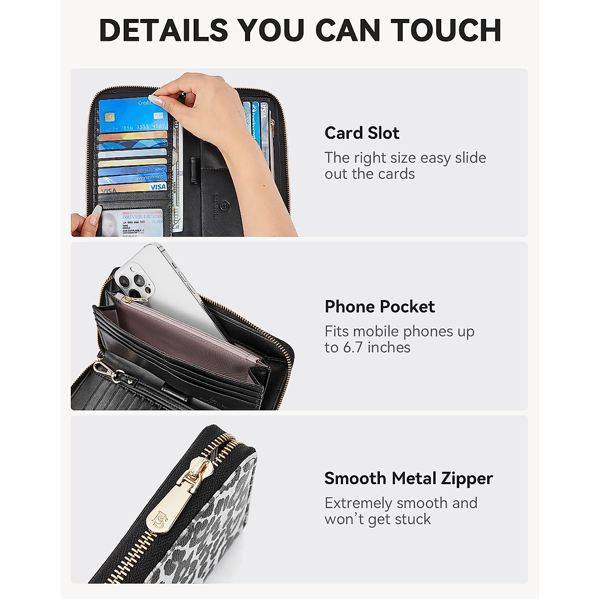BOSTANTEN Leather Wallet for Women RFID Blocking Zip Around Credit Cards Holder Phone Clutch Leopard Black