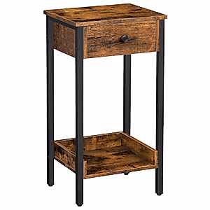 HOOBRO Tall End Table, Nightstand, Side Table with Drawer and Storage Shelf, Industrial End Telephone Table, for Study, Bedroom, Space Saving, Rustic Brown and Black BF71BZ01