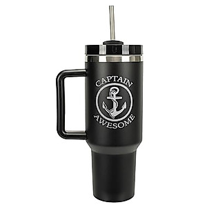 Elanze Designs Captain Awesome Nautical Anchor 40 oz. Stainless Steel, Large Water Bottle Coffee Mug, Spill & Leak Resistant, Thermal Travel Tumbler with Handle, Lid & Straw, Black