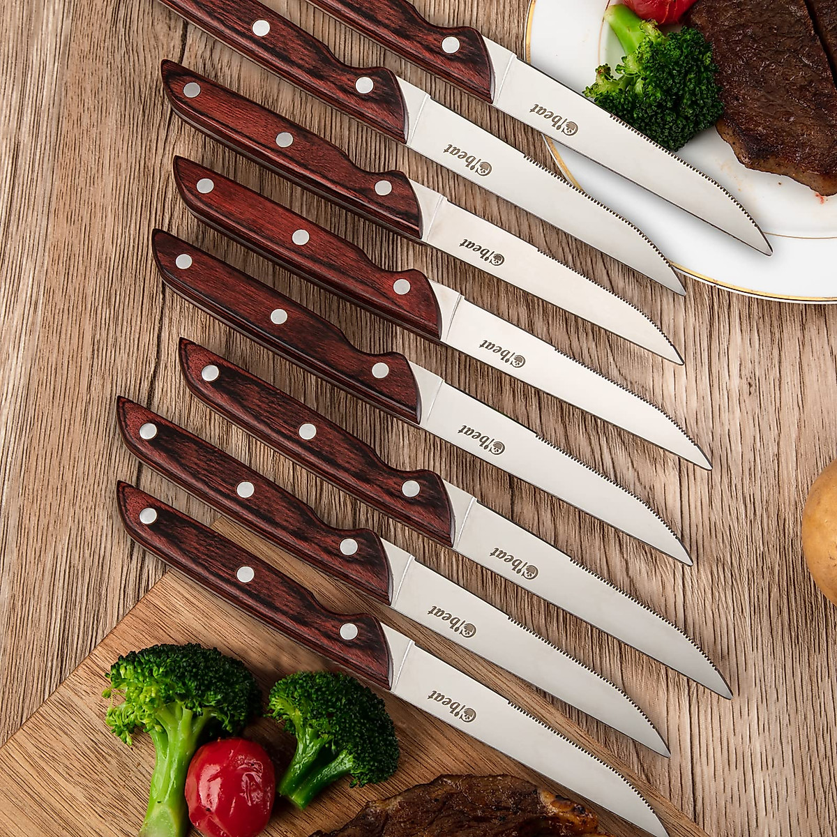 Fashionwu Serrated Steak Knife Set of 8, Stainless Steel Serrated Steak knives with Wood Handle, Sharp Knife for Cutting Meat, Fine Edge Steak Knife Set, Rust Resistant