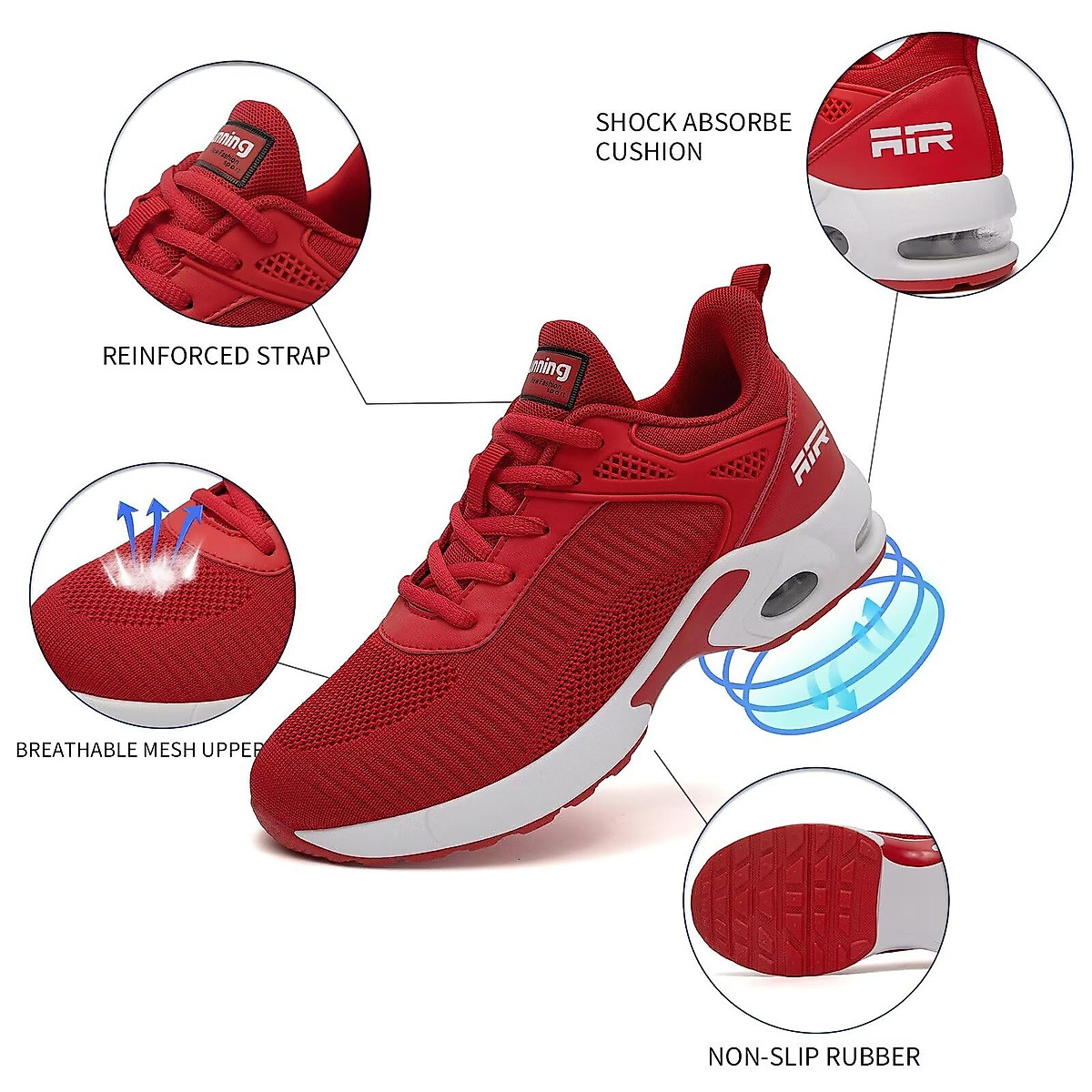 Akk Women's Sneakers - Air Athletic Running Shoes, Non Slip Mesh Fashion Sneakers, Breathable Gym Work Tennis Shoes, Red, Size 6.5