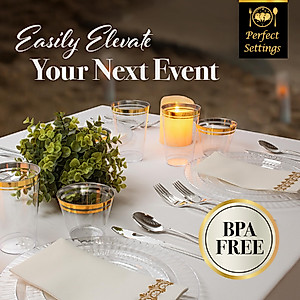 Perfect Settings 100 Premium Hard Plastic Cups Clear Plastic Double Colored Rimmed Cups Fancy Disposable Wedding Cups Elegant Party Cups with Twin Colored Rim (Clear Gold Rim, 16)