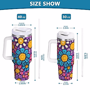 30 oz Colorful Hippie Style Flower Insulated Tumbler with Handle, Stainless Steel Vacuum Water Bottles with Lid and Straw for Water, Iced Tea or Coffee