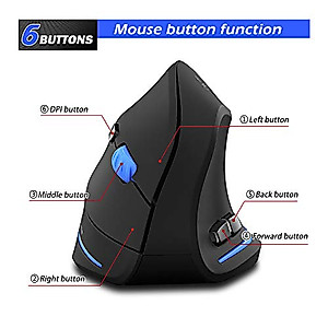 ZLOT Vertical Wireless Mouse,2.4G USB Optical Ergonomic Mice with 3 Adjustable DPI 1000/1600/2400 and 6 Buttons for Laptop, PC, Computer, Desktop, Black