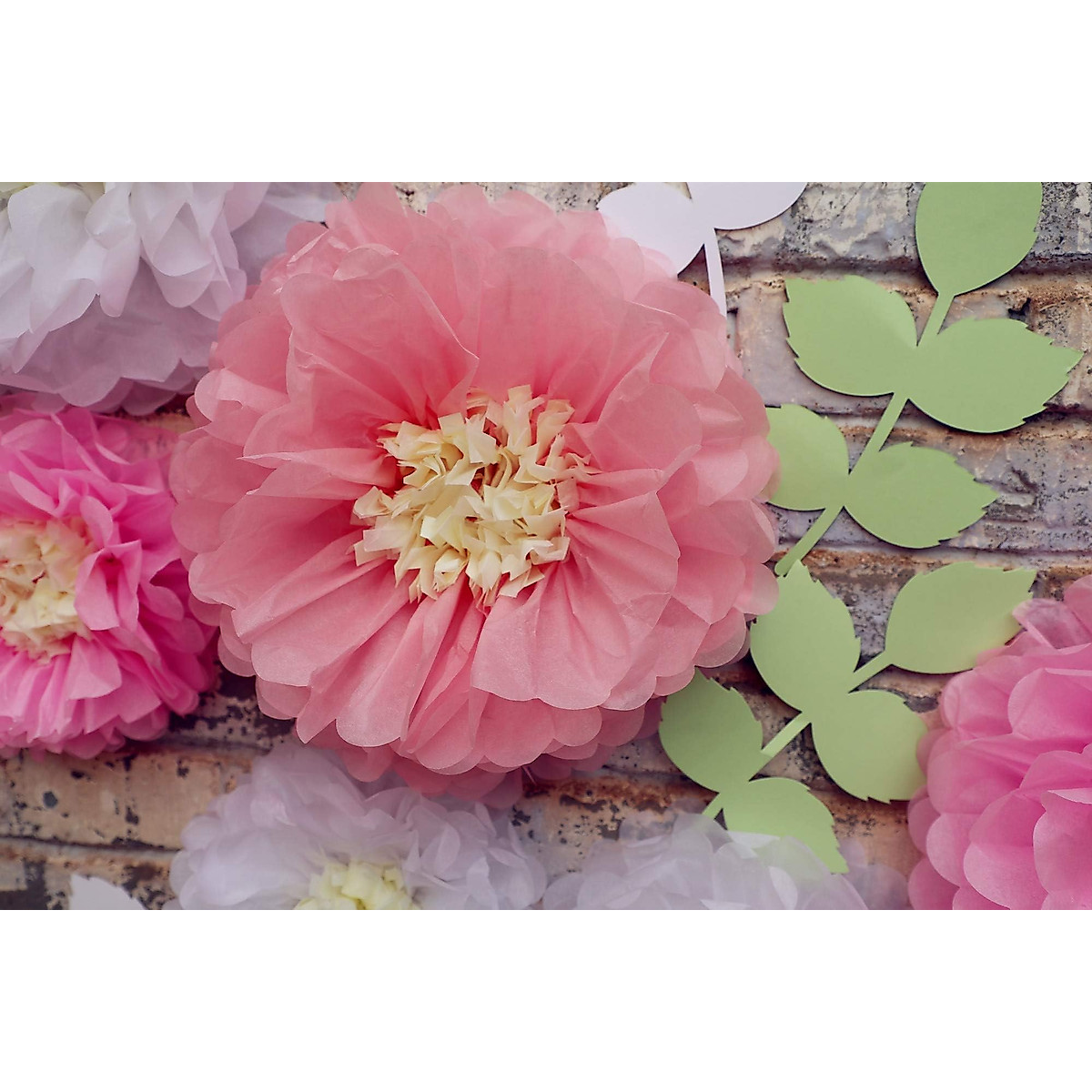 Fonder Mols Tissue Paper Chrysanth Flowers with Butterfly and Olive Leaves for Wedding Baby Shower Nursery Room Parties & Events Decorations Pom Poms (Set of 21, White Pink)