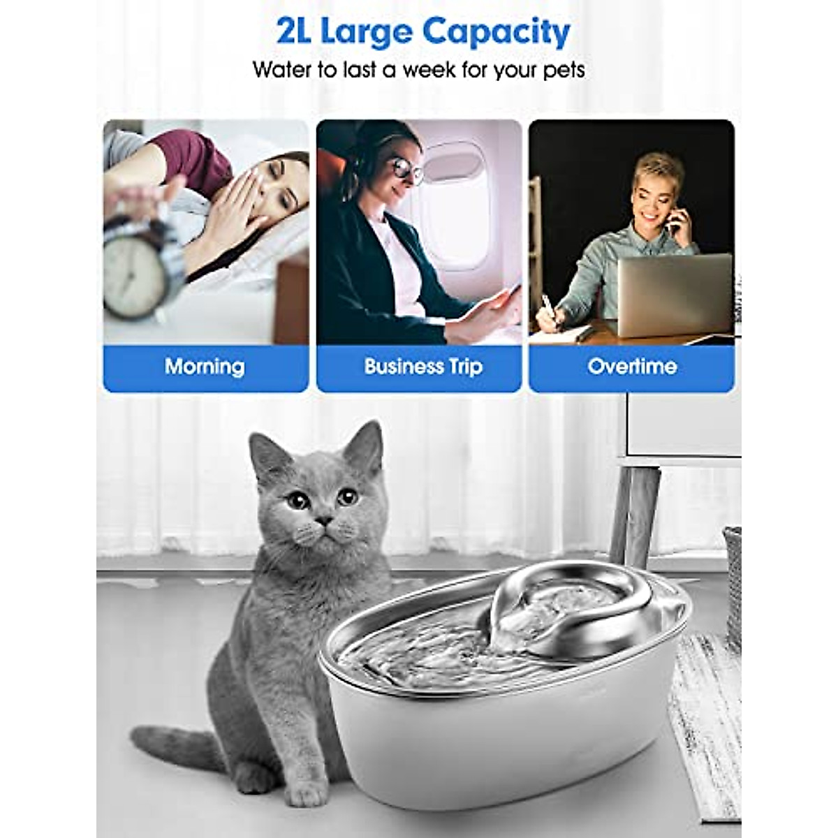 WOPET F10 Cat Water Fountain Stainless Steel,67oz/2L Pet Water Fountain,Automatic Cat Water Dispenser,Cat Bowl,Dog Water Fountain,Dishwasher Safe for Cats&Dogs (F10)