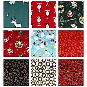 Fabrics 9Pcs Christmas Cotton Fabric Bundles Multi-Color Fabric Patchwork Christmas Tree Fat Quarters Precut Santa Claus Fabric Scraps for Christmas DIY Quilting Quilting Fabric
