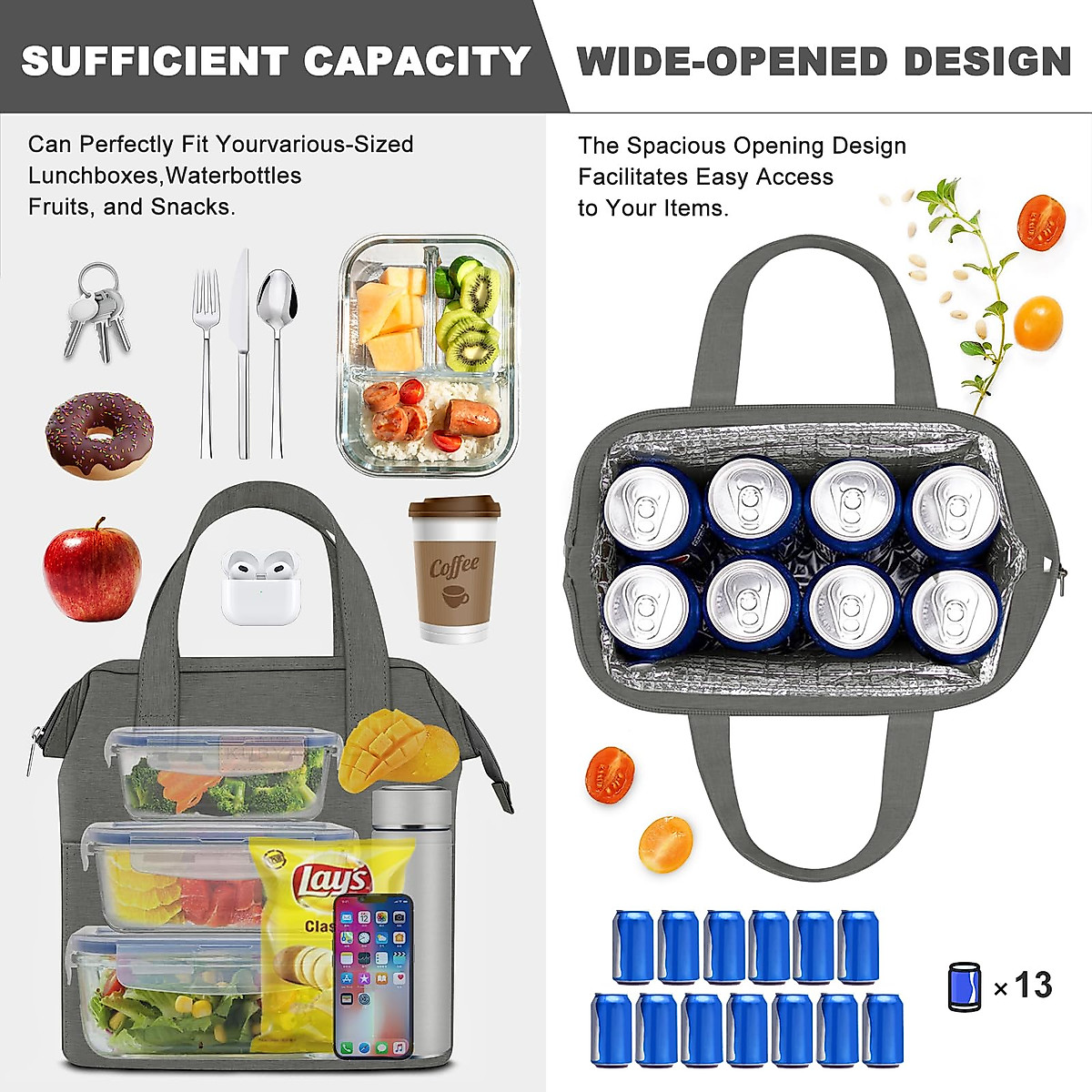 KUBYA Lunch Bag Simple Lunch Box for Women Men Insulated Lunch Bag & 1 Storage bag Reusable Lunch Tote Bag for Work, Picnic Beach or Travel (Grey) 10.63*9.5*5.2 in LBHS-03