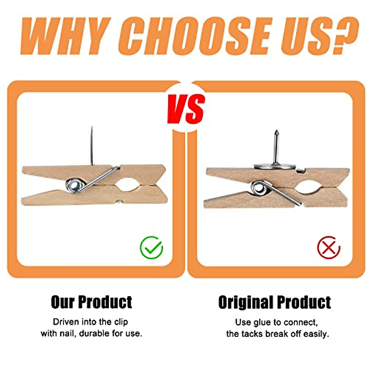 50 PCS Push Pin with Wooden Clips, Durable Wooden Push Pins, Decorative Pushpins Tacks Thumbtacks, Tacks for Cork Board Artworks Notes Photos, Craft Projects, Offices and Homes (Burlywood)